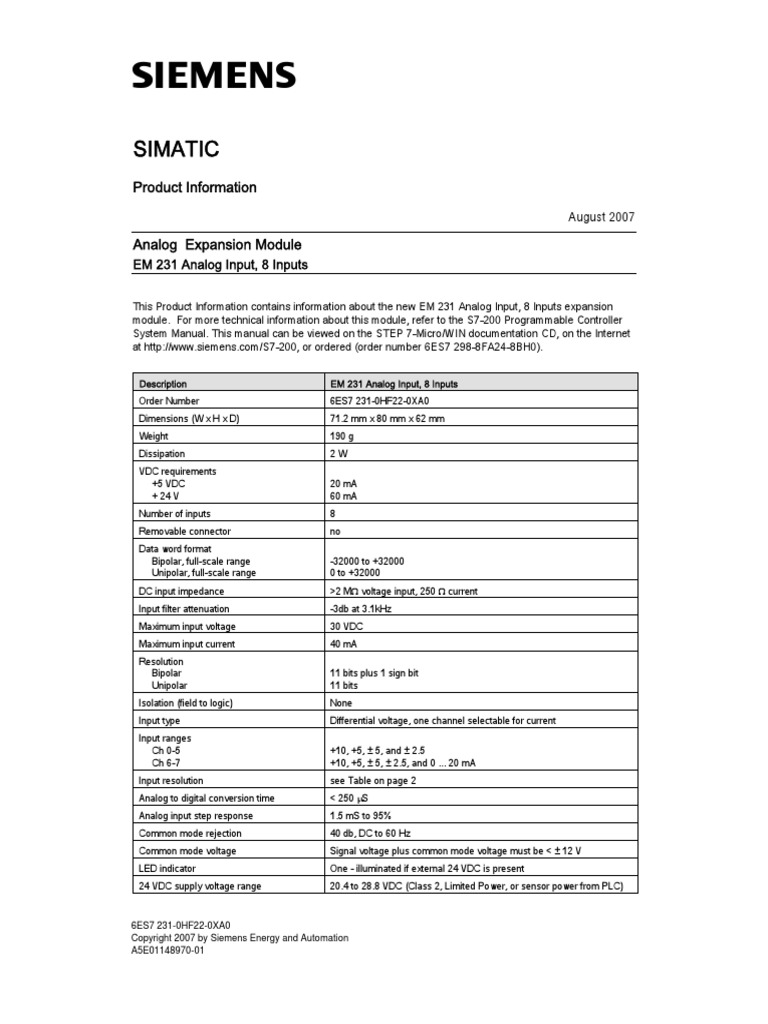 EM 231 Analog Input, 8 Inputs | PDF | Analog To Digital Converter ...
