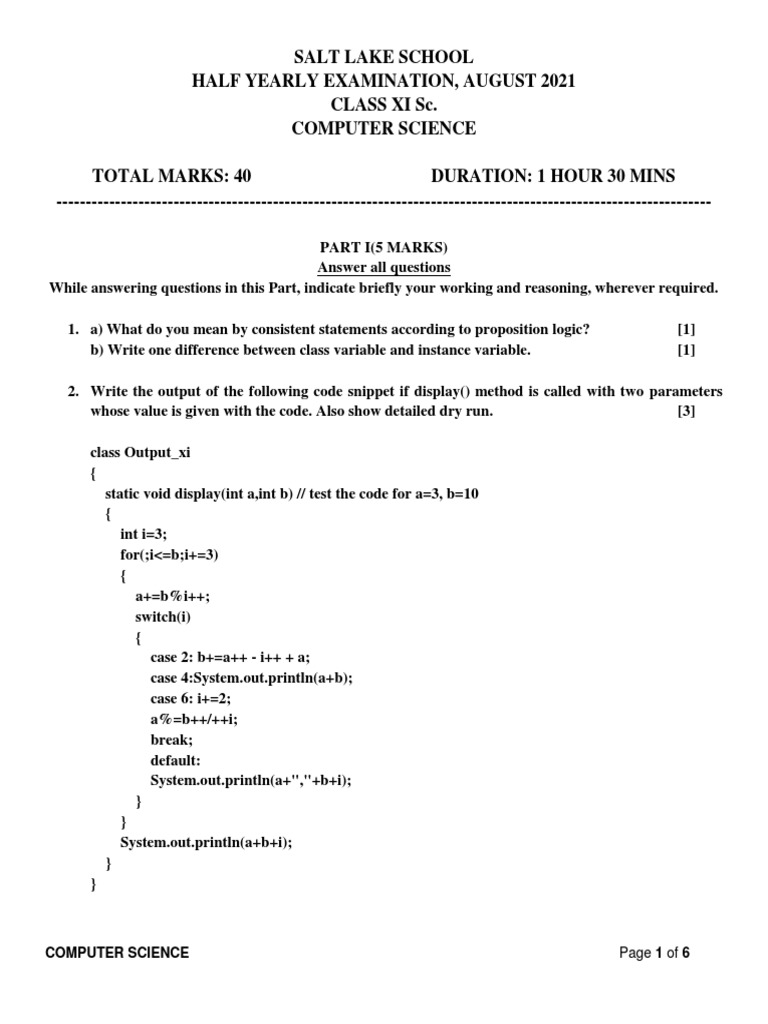 ClassXI Hy2021 Comp - Sc. | Download Free PDF | Integer (Computer Science) | Subroutine