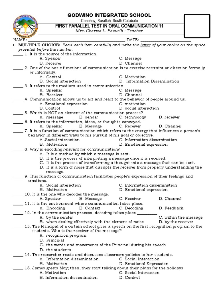 First Parallel Test in Oral Communication 11: Godwino Integrated School ...