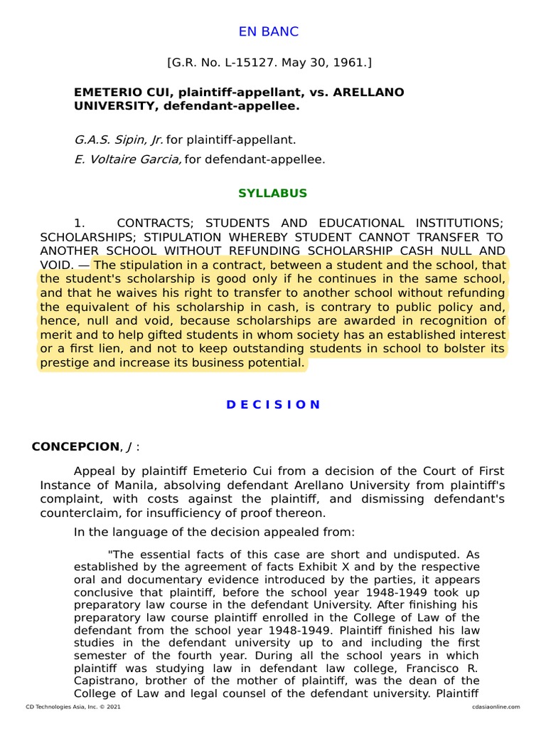 Cui v. Arellano University, 2 SCRA 205 | PDF | Public Policy Doctrine ...