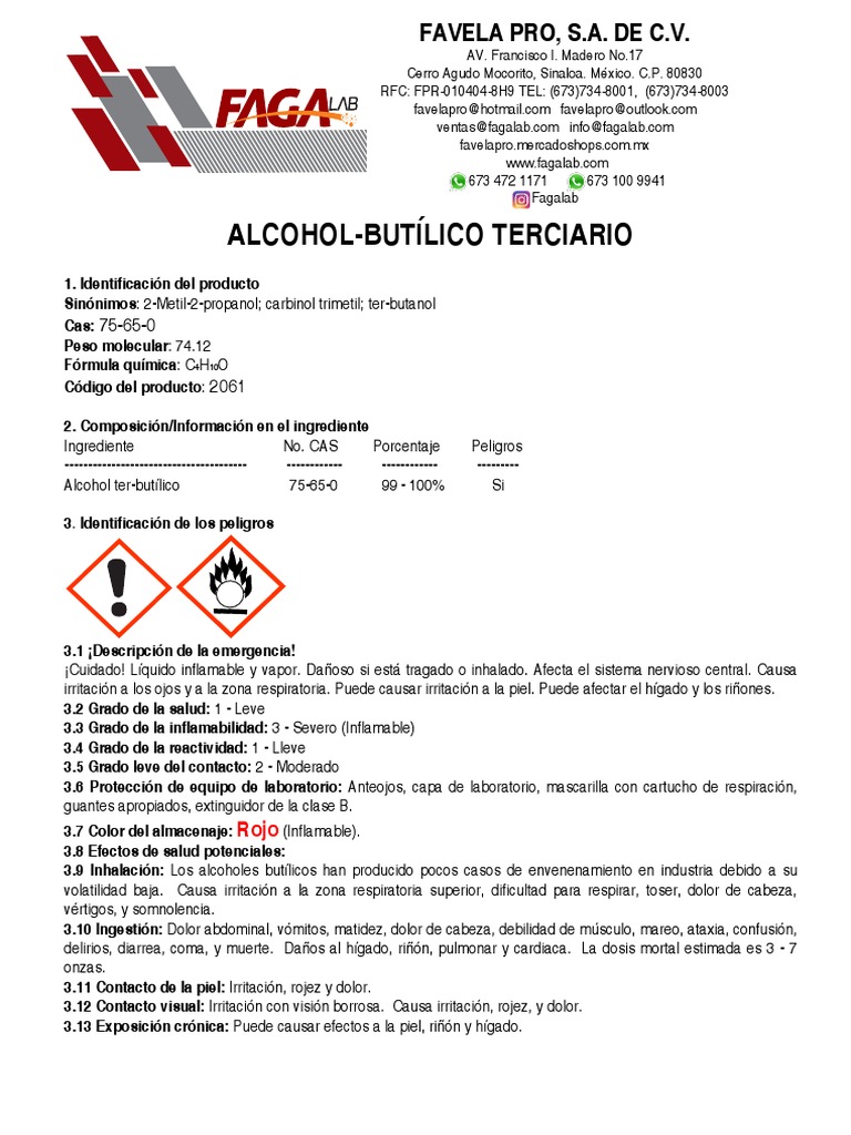 Alcohol Butílico Terciario: Riesgos y Manejo | PDF | Agua | Residuos
