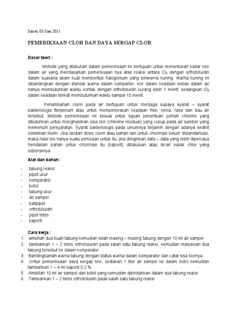 Cara Menghitung Daya Sergap Klor Dan Larutan Klorin | PDF