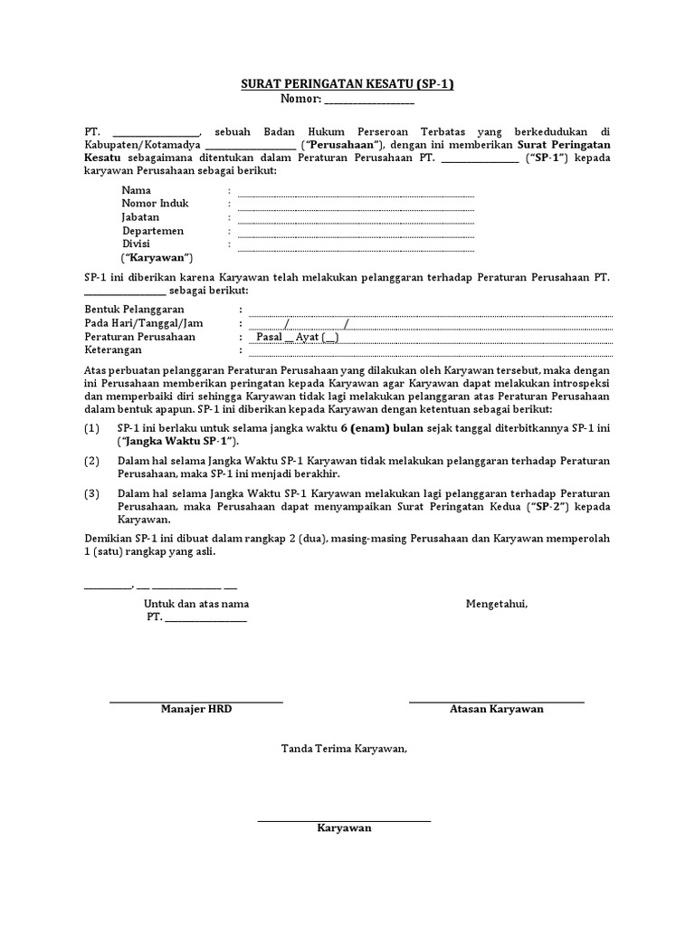 Draft Surat Peringatan Pertama (SP-1) | PDF