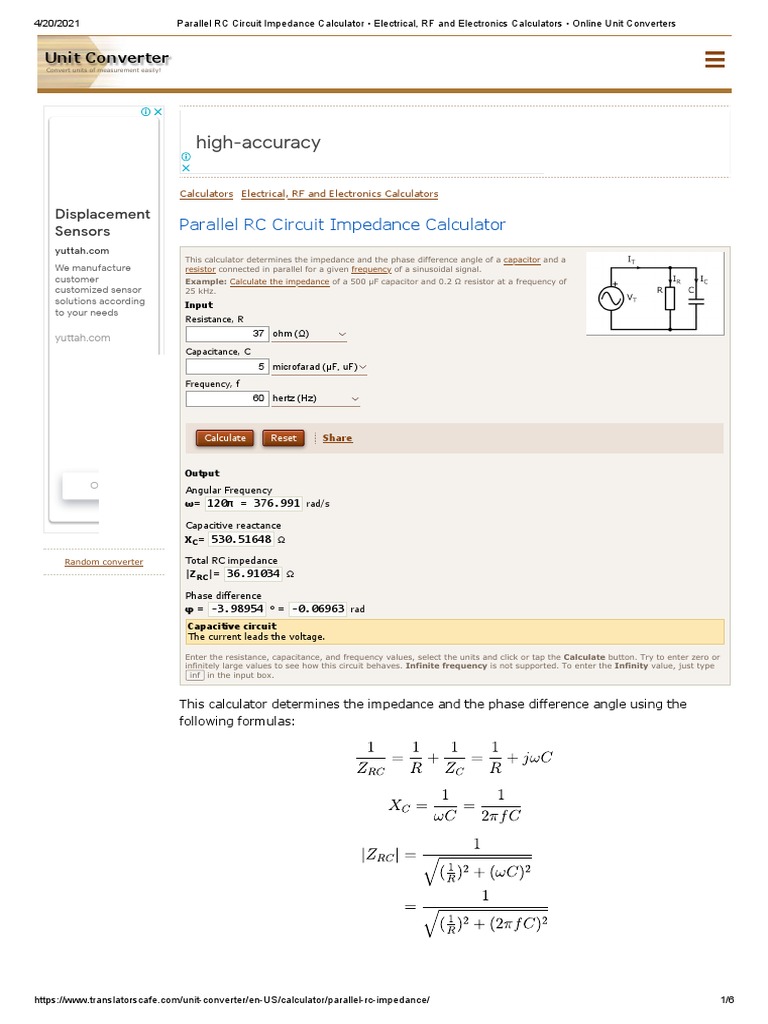 Parallel RC Circuit Impedance Calculator - Electrical, RF and ...