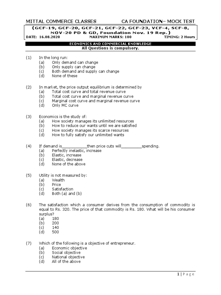 Mittal Commerce Classes Ca Foundation - Mock Test | PDF | Demand ...