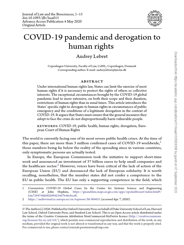 COVID19 Pandemic and Derogation To Human Rights | PDF | European ...