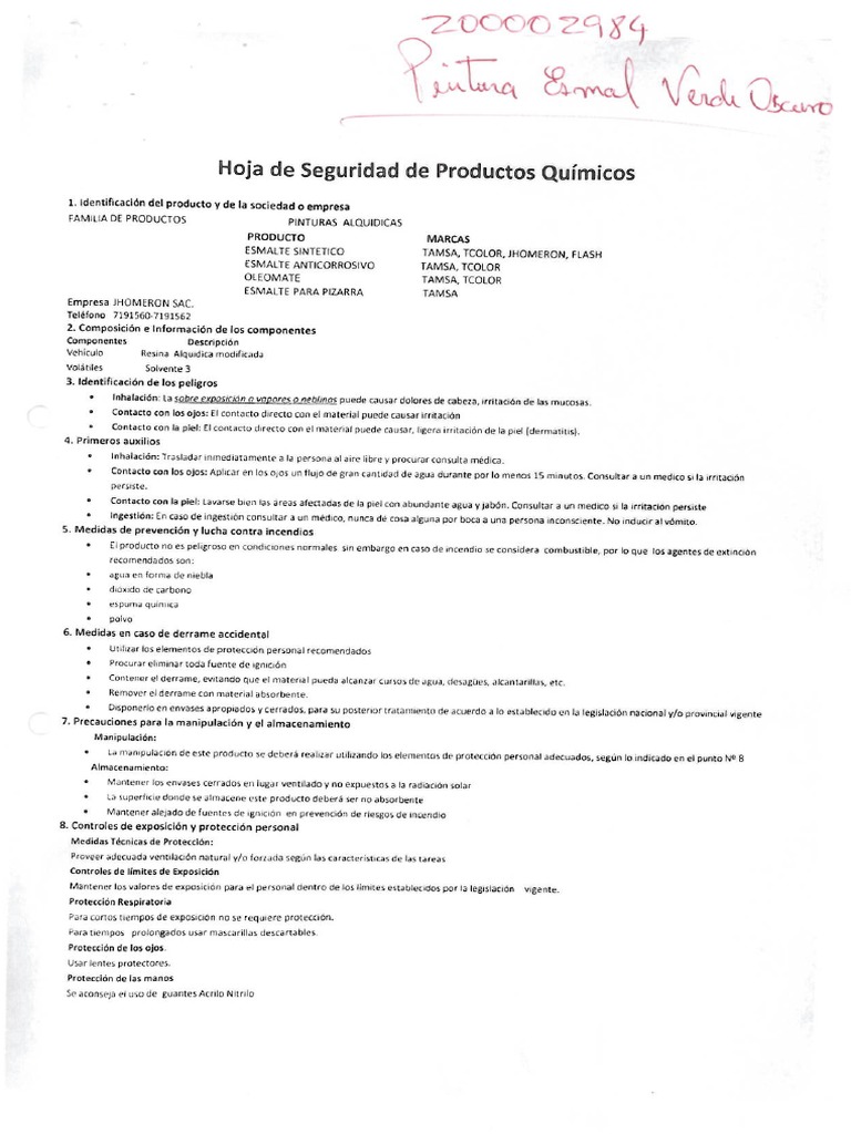 Hoja MSDS Pintura Esmalte | PDF Hoja MSDS Pintura Esmalte | PDF