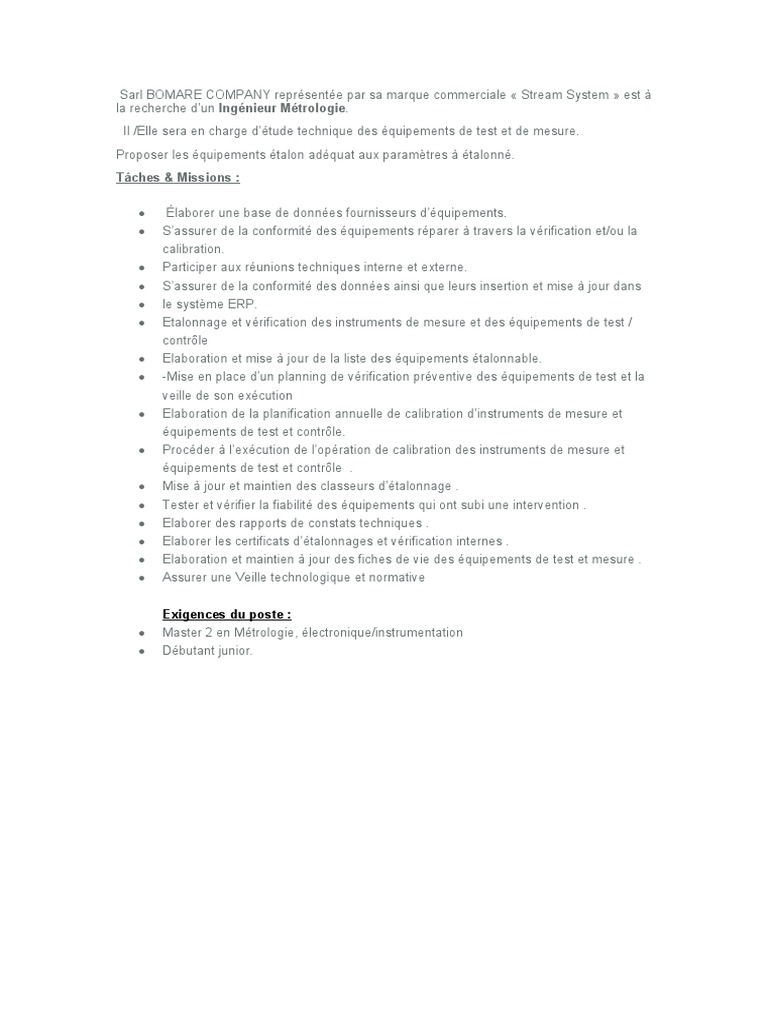 Ingénieur Métrologie recherché chez BOMARE | PDF | Calibrage | Gestion ...