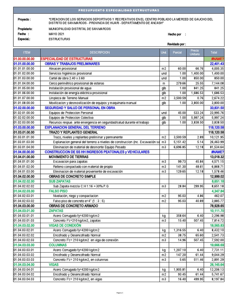 Planilla de Metrados, APU y Ppto. Estructuras 21.05.31 | PDF | Hormigón | Ingeniería de Edificación