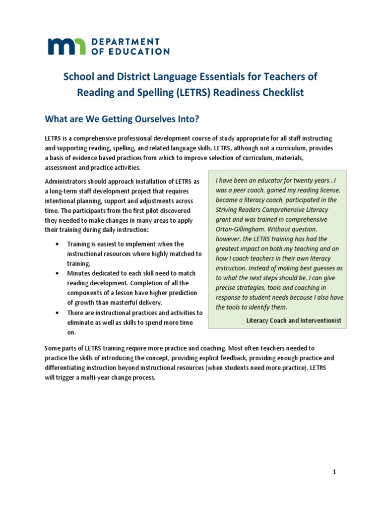 LETRS Readiness Checklist Ext | PDF | Teachers | Learning