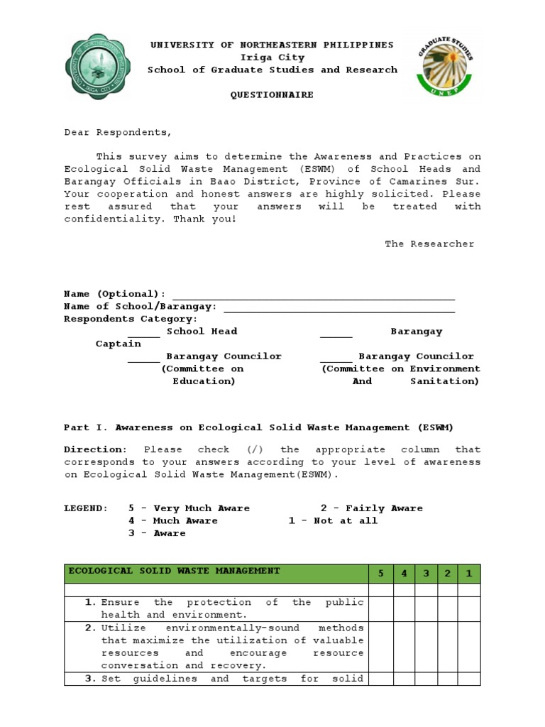 Questionnaire | PDF | Waste Management | Municipal Solid Waste