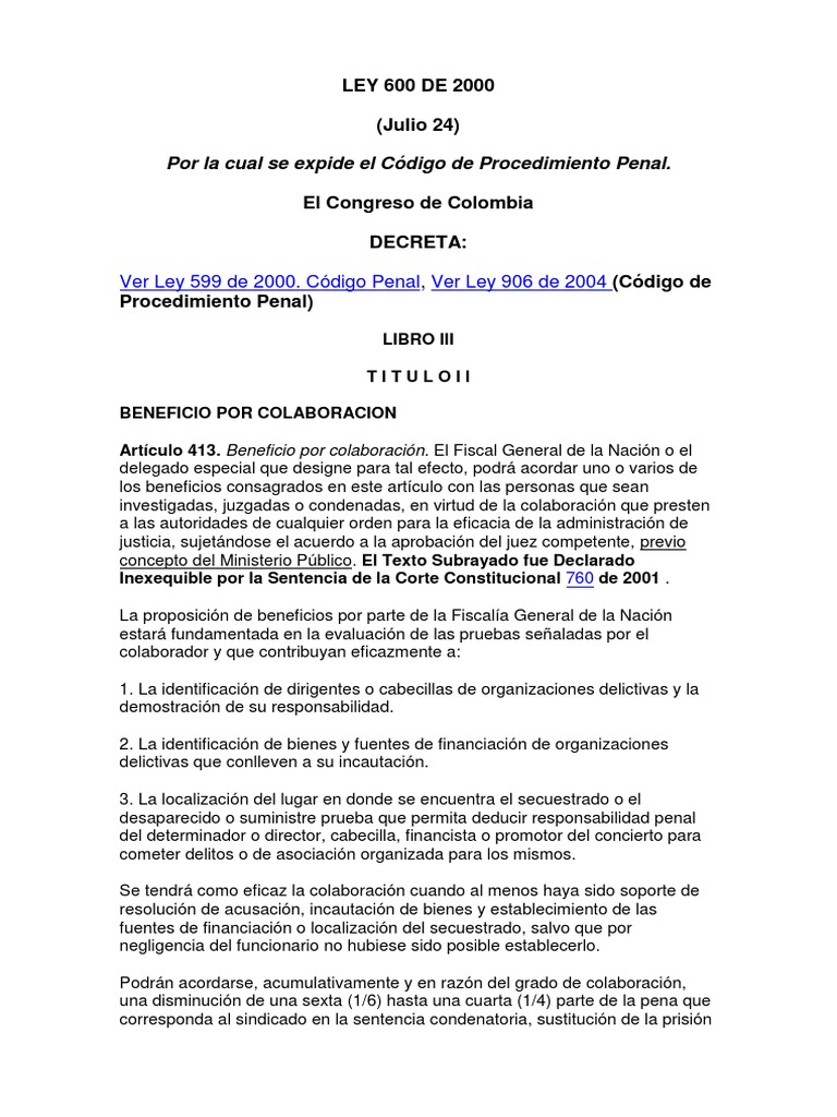 Ley 600 de 2000 Colaboracion Con La Justicia | PDF | Sentencia (ley ...
