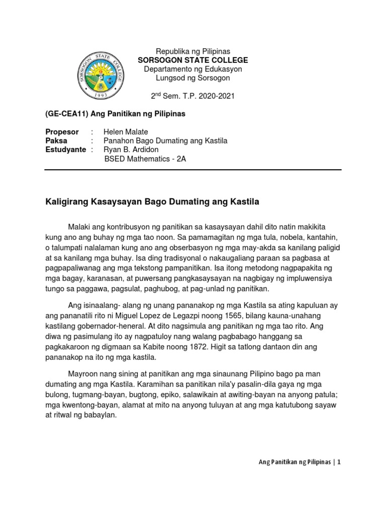 Ardidon, Ryan B. (Bsedmath2a) Panahon Bago Dumating Ang Kastila | PDF