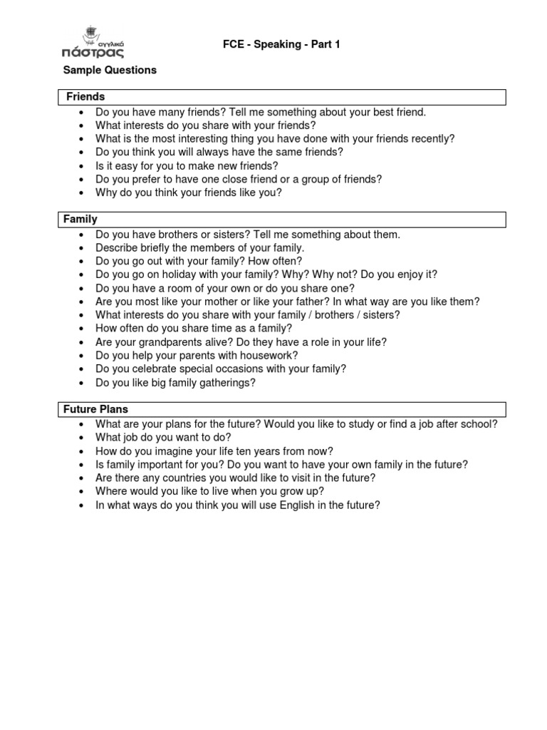 FCE - Speaking - Part 1 Sample Questions Friends | PDF