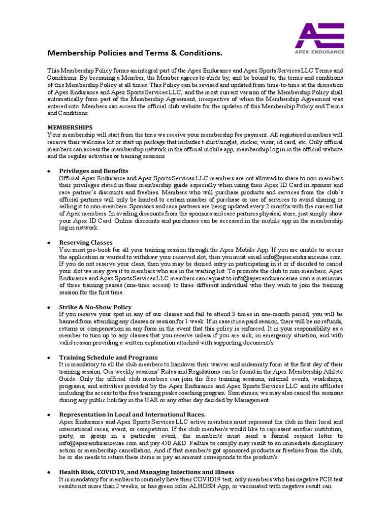 APEX Membership Policies, Agreement, and Terms & Conditions v.01 | PDF ...