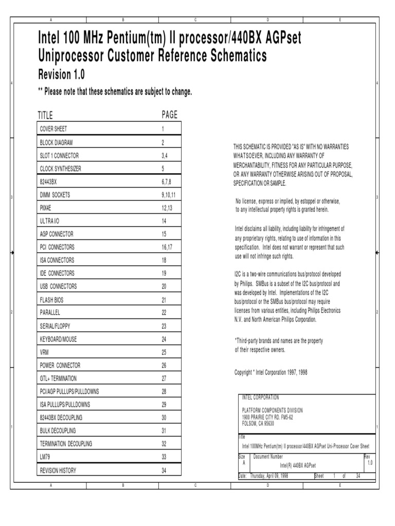 Intel 100 MHZ Pentium (TM) Ii Processor/440Bx Agpset Uniprocessor Customer Reference Schematics ...