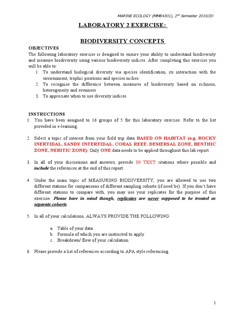 Laboratory 2 - Biodiversity Concept Report - 2020 | PDF | Ecological ...