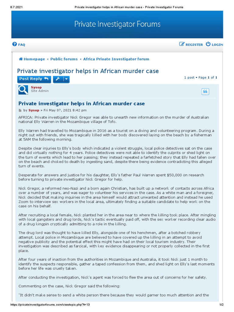 Private Investigator Nick Greger From Germany Helps in African Murder ...