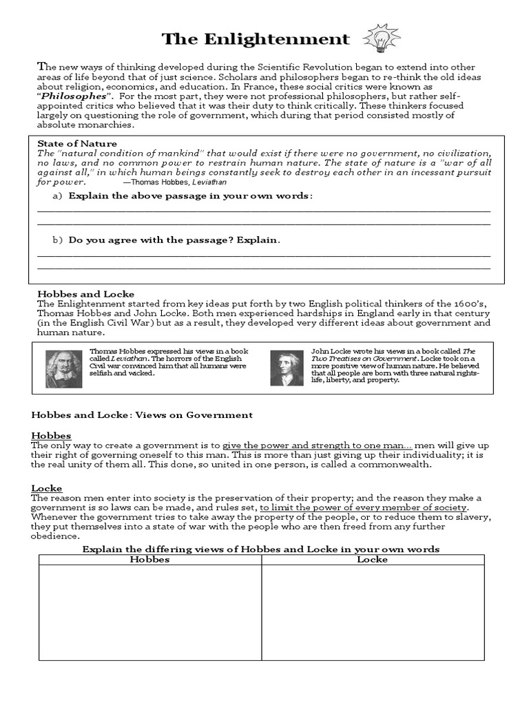 Hobbes and Locke Worksheet | PDF | John Locke | Ethical Principles