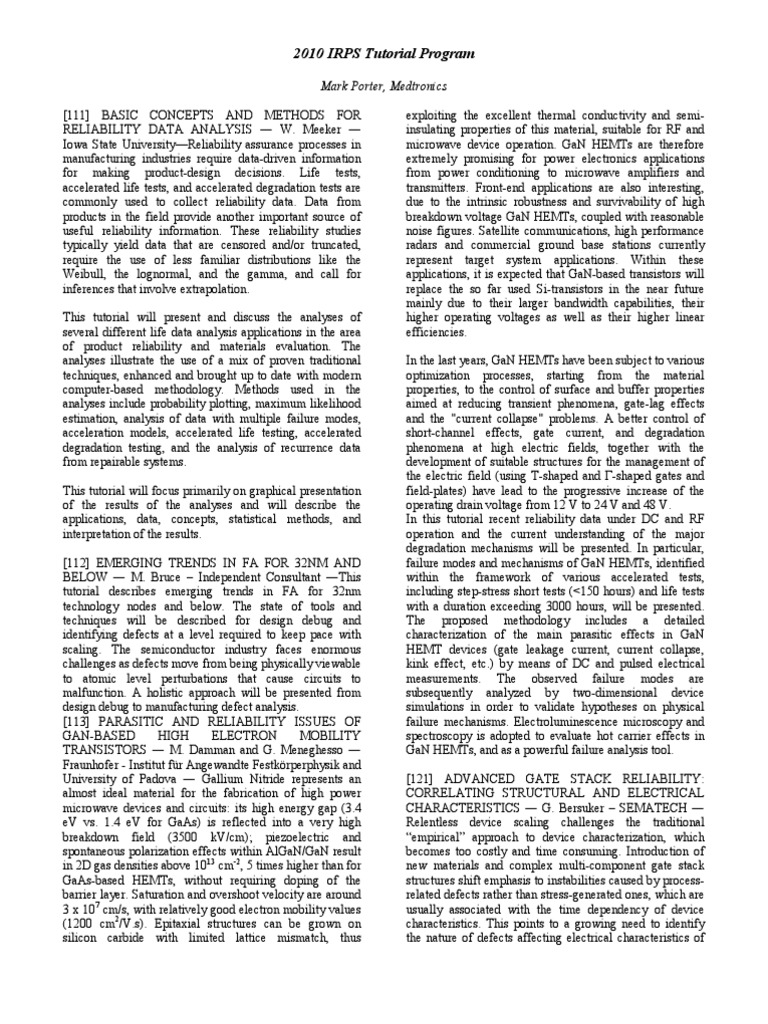 2010 IRPS Tutorial Program: Mark Porter, Medtronics | PDF | Reliability Engineering | Photovoltaics