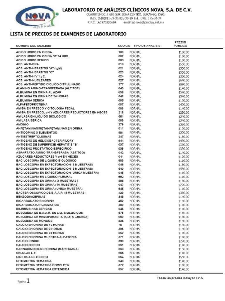 LISTA DE PRECIOS DE EXAMENES DE LABORATORIO PRECIO PUBLICO NOMBRE DEL ...