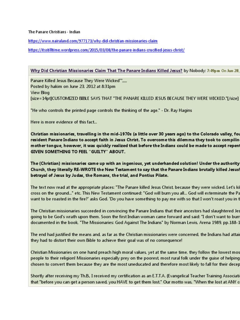 Why Did Christian Missionaries Claim That The Panare Indians Killed ...