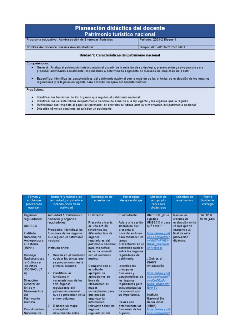 APTN-2102-B1-001-planeación Didáctica U1 | PDF | Evaluación | Turismo