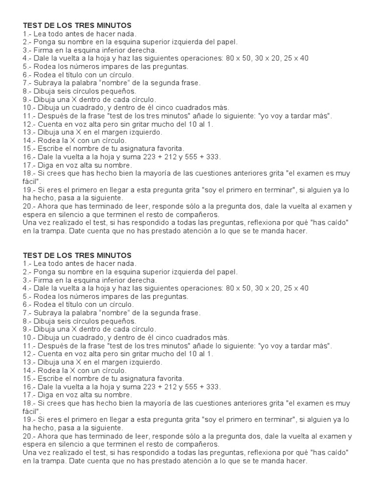 Test de los Tres Minutos: Instrucciones | PDF