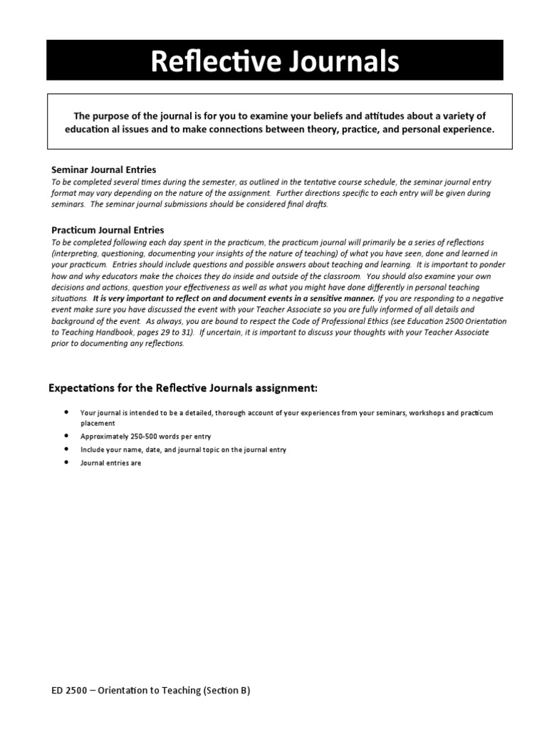 Ed 2500 Assignment Overview - Reflective Journals | PDF | Learning | Classroom