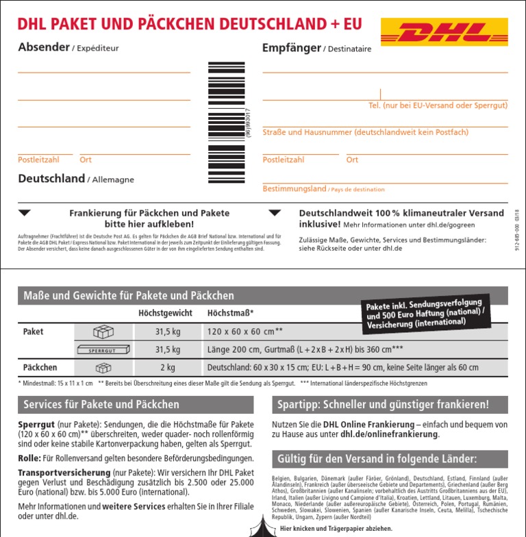 Dhl Paket Gren Dhl Rcksendeformular Ausdrucken Ruckgabe Warensendung