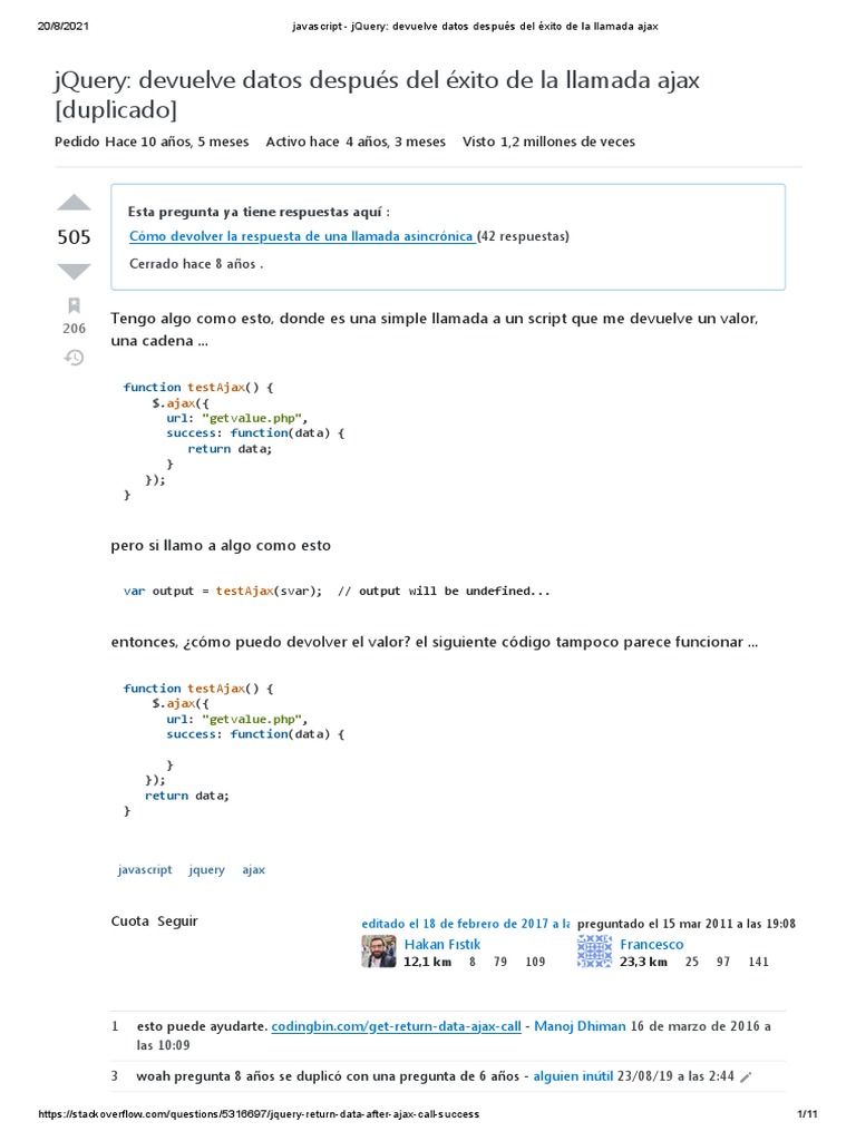Javascript Jquery Devuelve Datos Después Del Éxito De La Llamada Ajax Pdf J Query