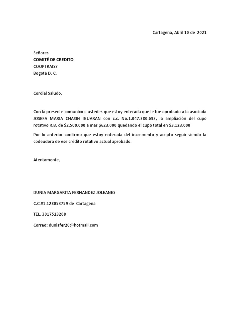 Carta Codeudor Josefa Chasin | PDF