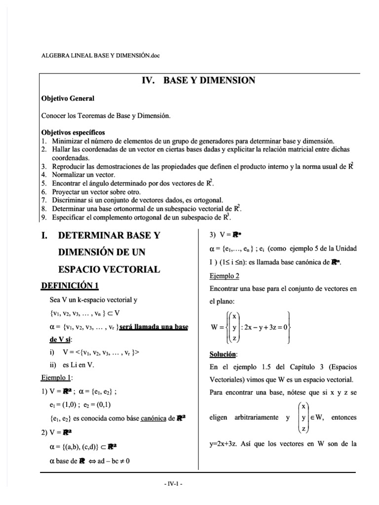 PDF Algebra Lineal Base y Dimension | PDF | Base (álgebra lineal ...