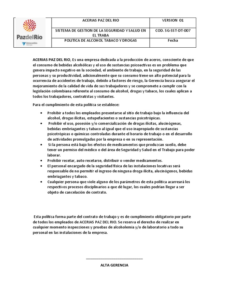 Sg-sst-dt-007 Politica de Alcohol Tabaco y Drogas | PDF | Drogas | Tabaco