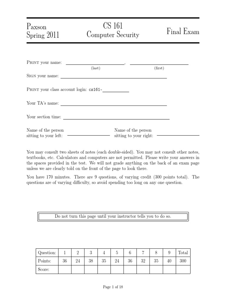 Paxson Spring 2011 CS 161 Computer Security Final Exam: (Last) (First ...