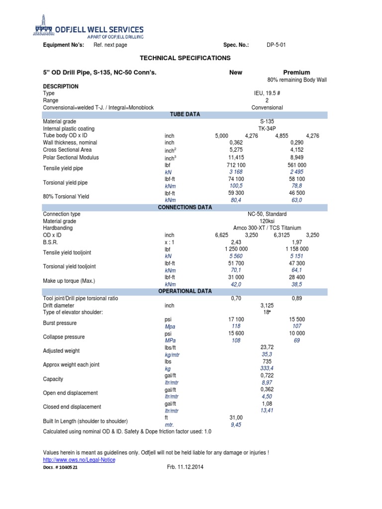 Technical Specifications New Premium 5" OD Drill Pipe, S-135, NC-50 ...