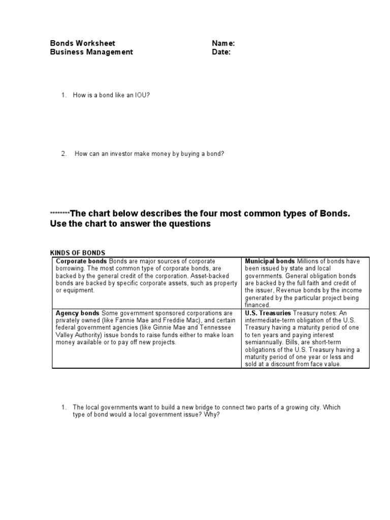 The Chart Below Describes The Four Most Common Types of Bonds. Use The ...