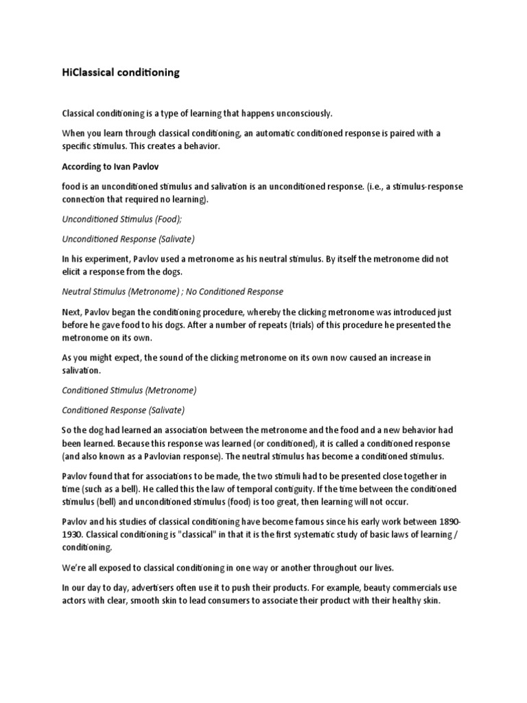 Classical Conditioning Assignment | PDF | Classical Conditioning ...