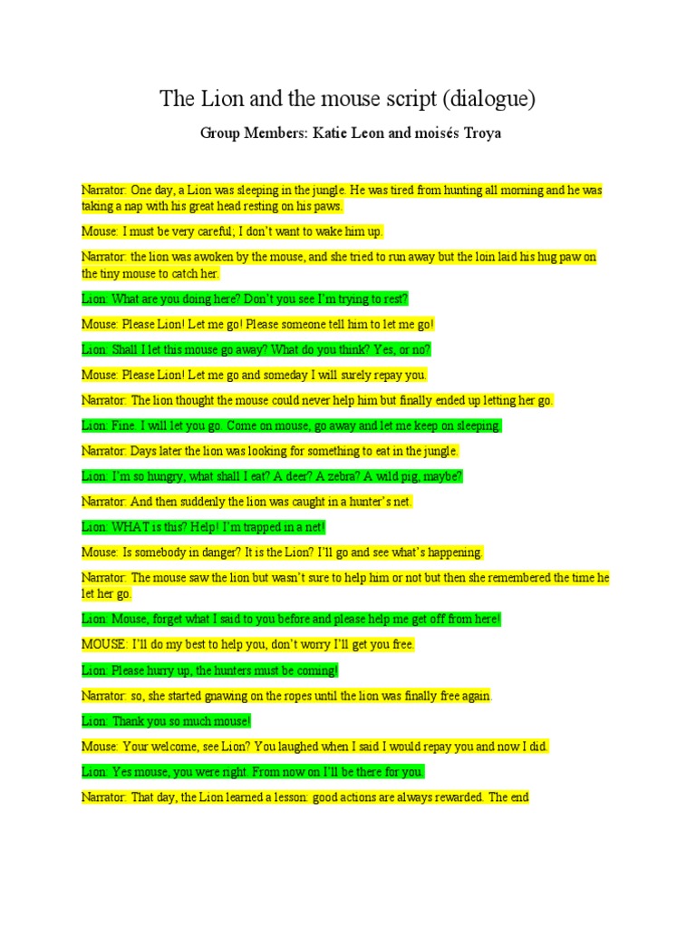 The Lion and The Mouse Script | PDF