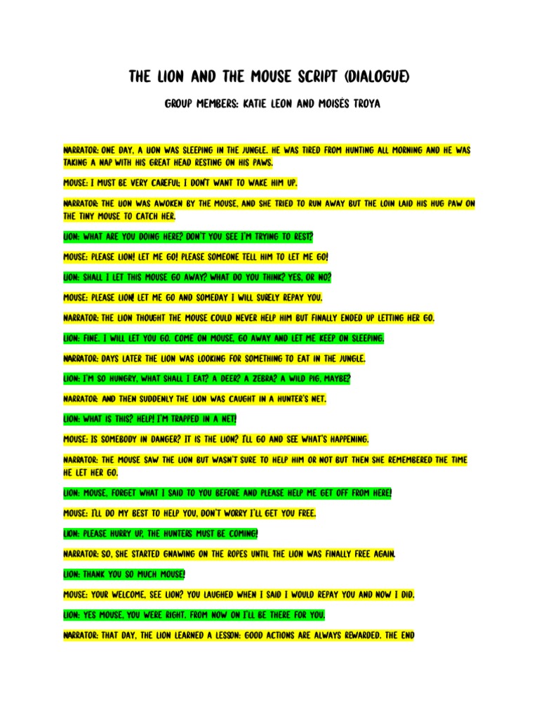 The Lion and The Mouse Script | PDF
