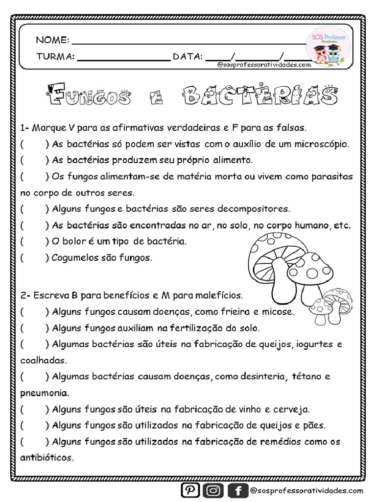 Fungos e Bacterias@Sosprofessoratividades | PDF