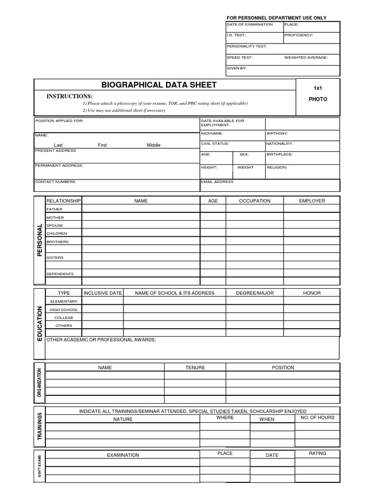 Biographical Data Sheet: Instructions | PDF | Employment
