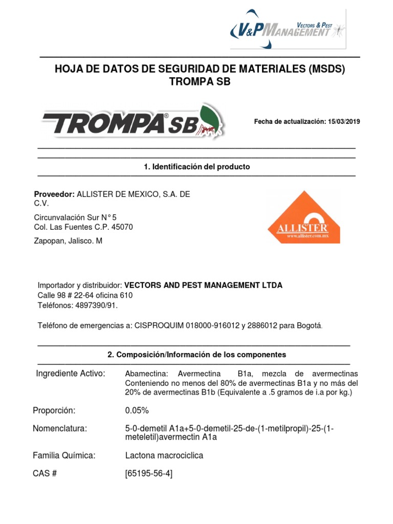 MSDS Trompa SB: Seguridad y Manejo | PDF | Agua | Especialidades Medicas