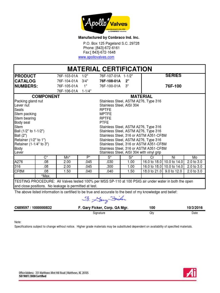 Certificado de Valvulas Apollo | PDF | Stainless Steel | Mechanical ...