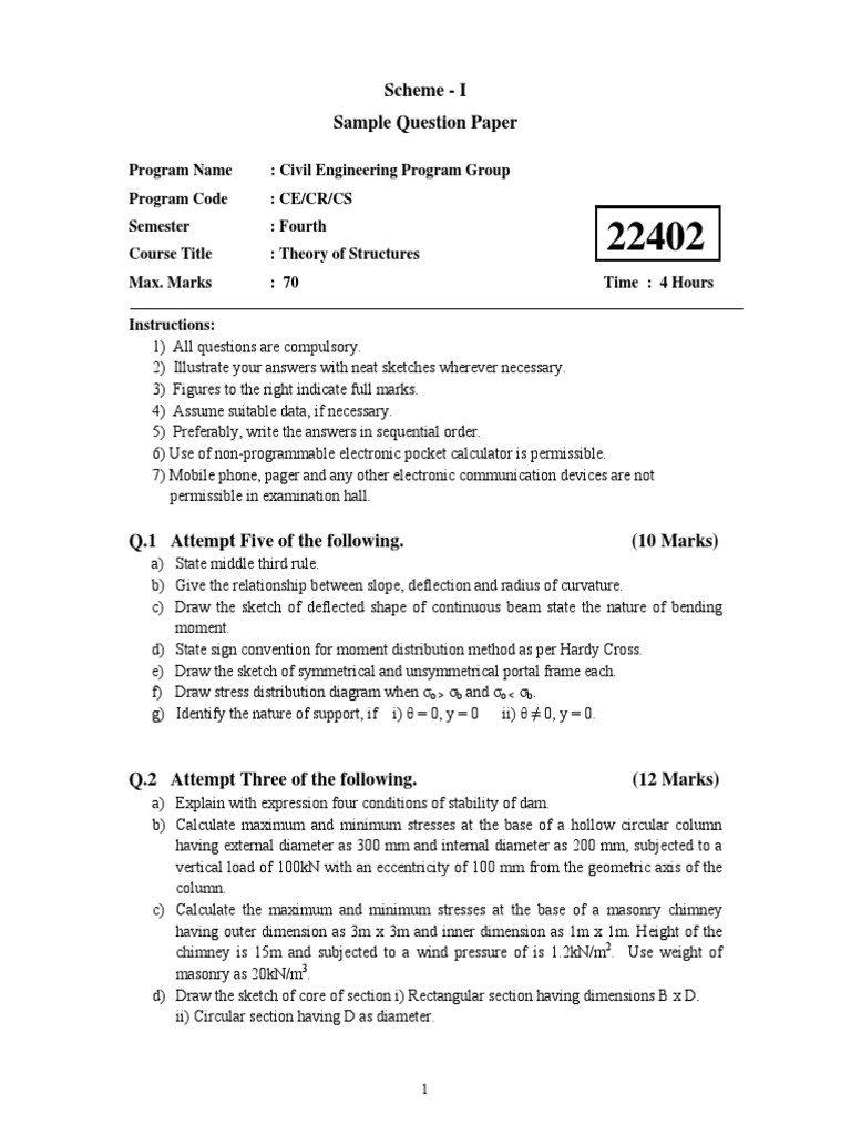 Sample-Question-Paper - Theory of Structures | PDF | Bending | Beam ...