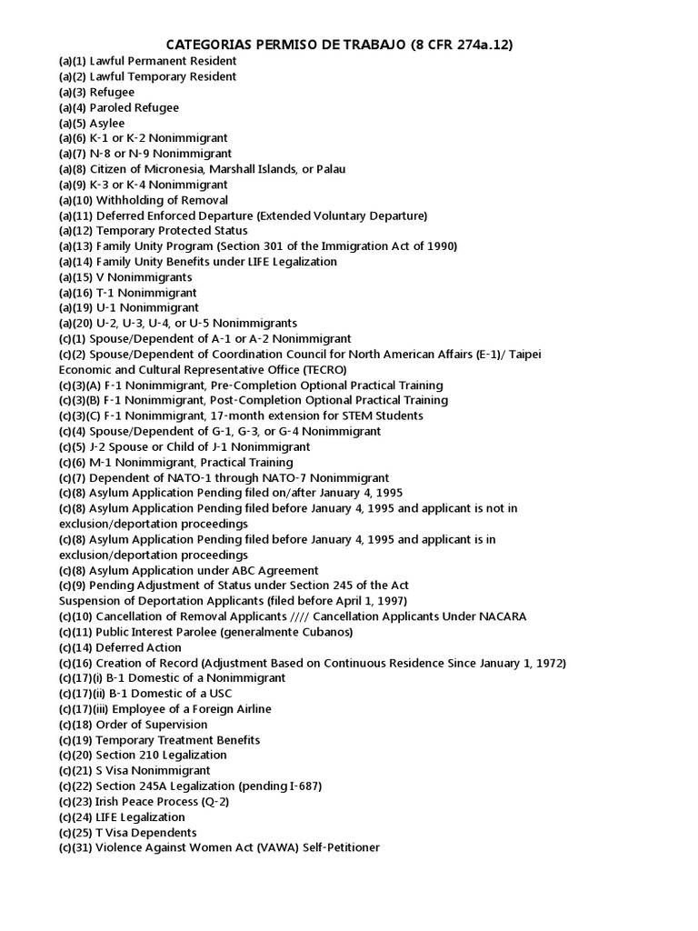Categories for Work Authorization Under 8 CFR 274a.12 | PDF