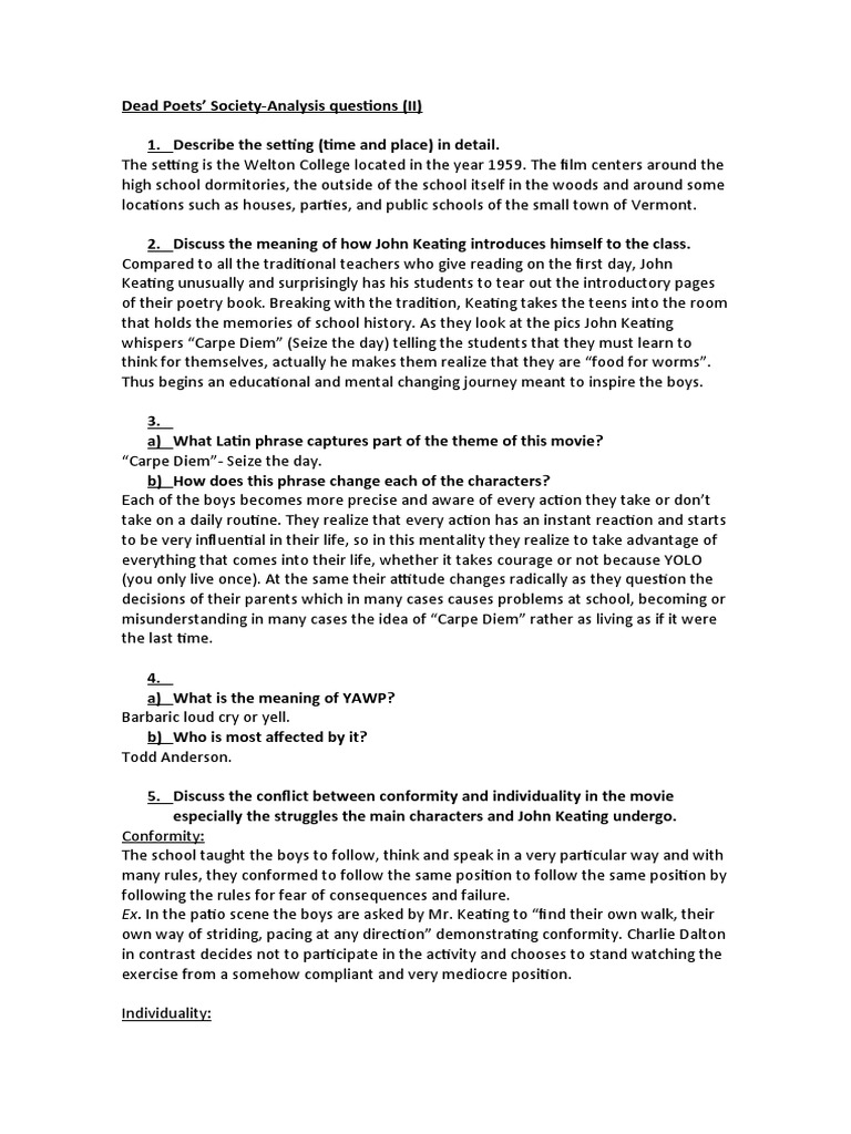 Analysis Questions Dead Poets Society (II) | PDF | General Fiction