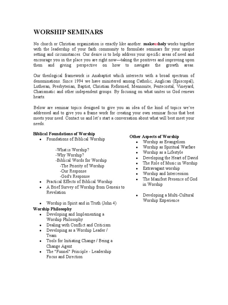 Worship Seminars: Holy Works Together | PDF | Worship | Christian Movements