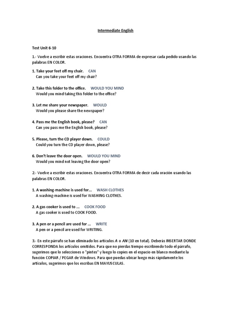 Test Intermediate English (Unit 6-10) | PDF