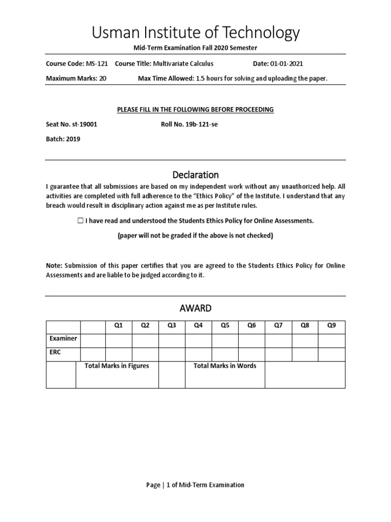 Usman Institute of Technology: Declaration | PDF | Calculus | Mathematics